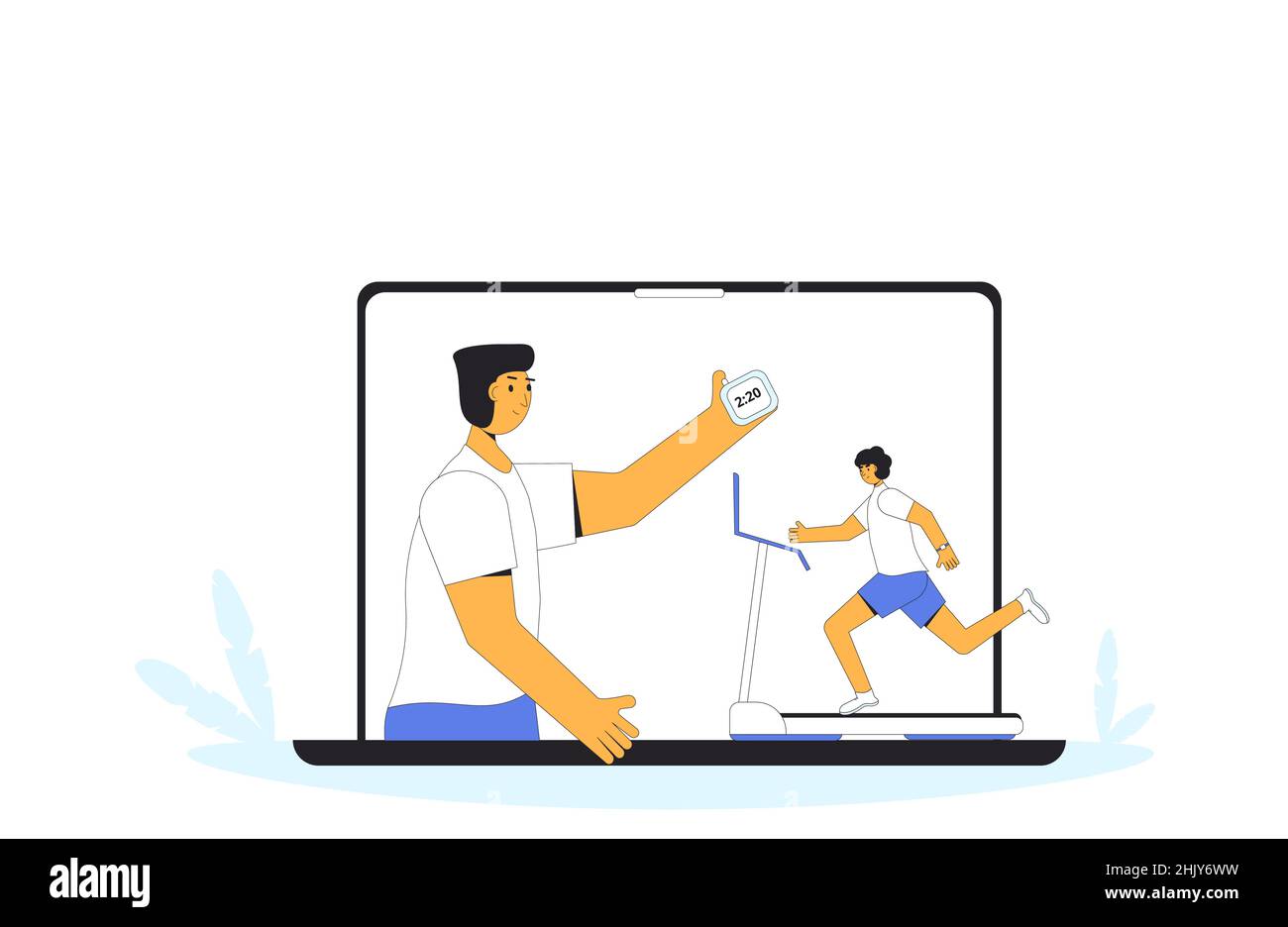 Online running with coach. Running man on treadmill at home. Fight ...