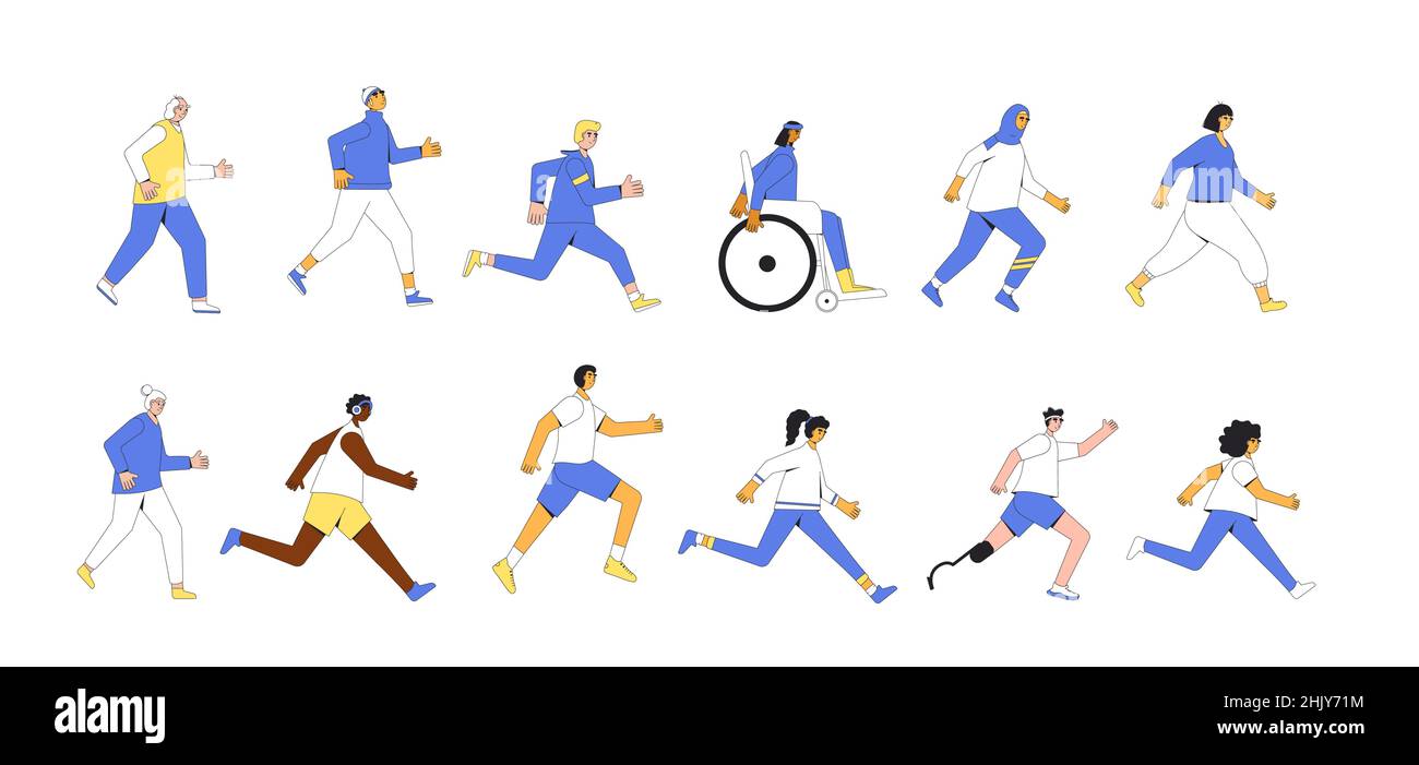 Running people set isolated on white background. Differen runners ...