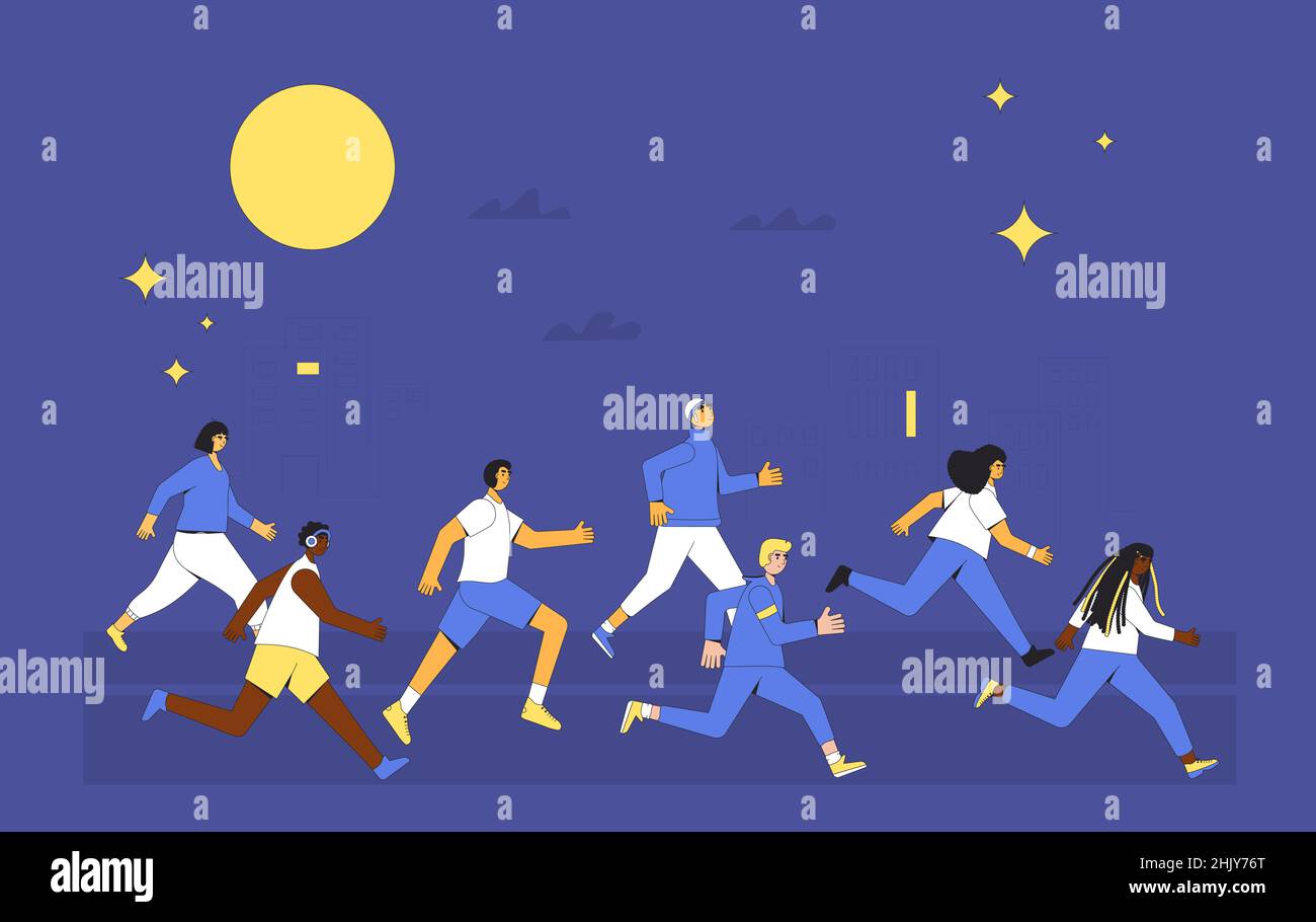 Running people at night. Differen runners, athletes, sportive ...