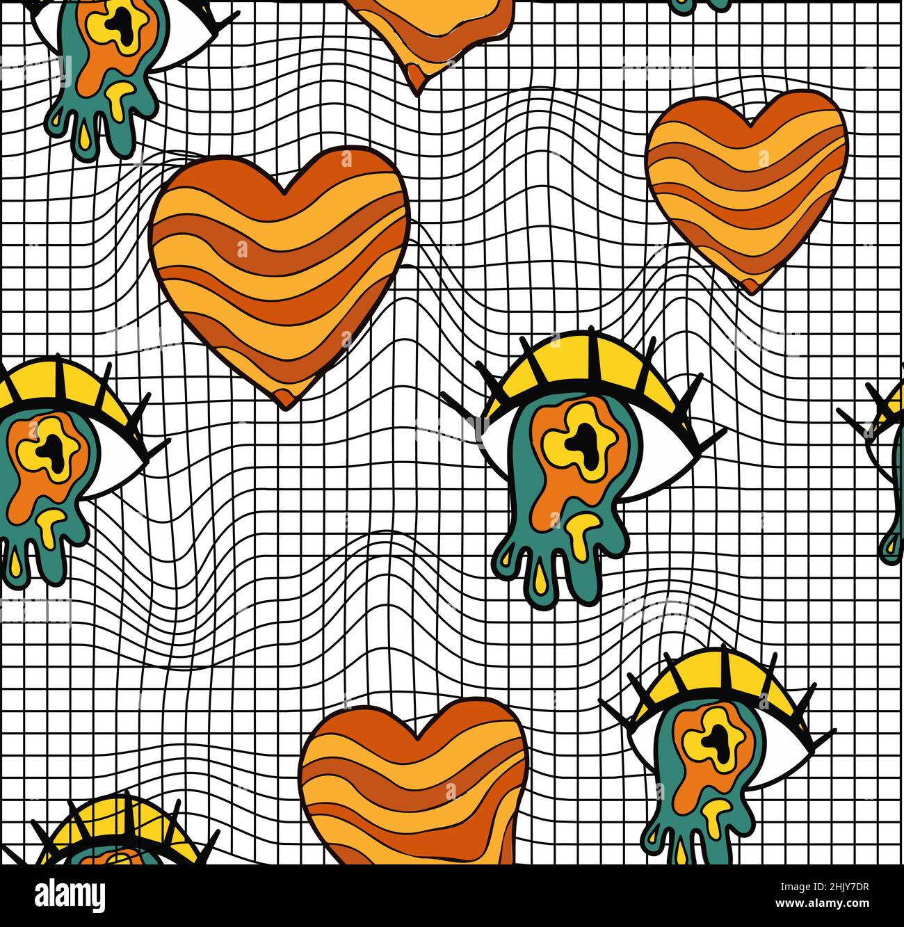Retro 70s Seamless pattern for Valentine s Day. Hand drawn Hearts with ...