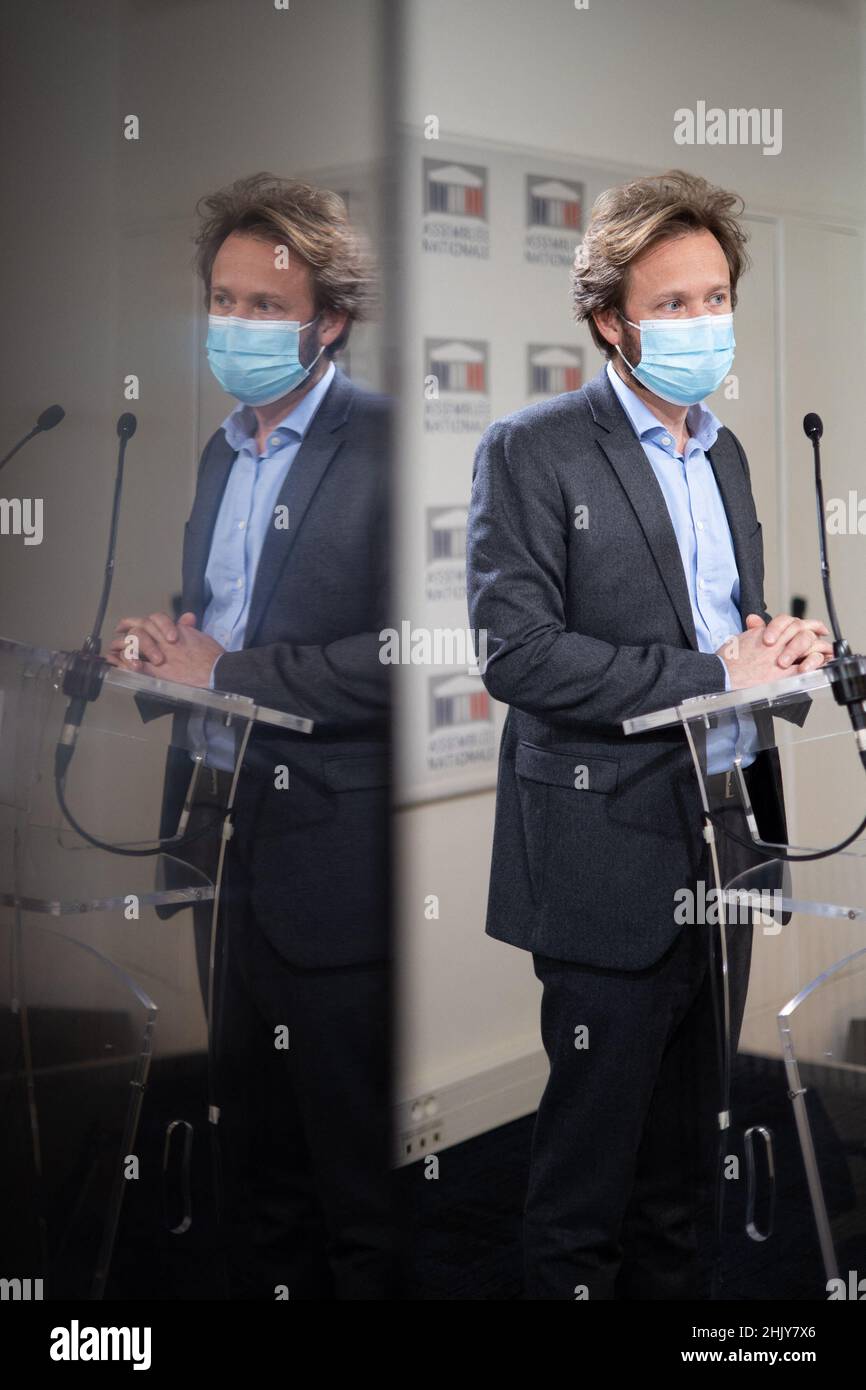French deputy Boris Vallaud speaks during a press conference at the ...