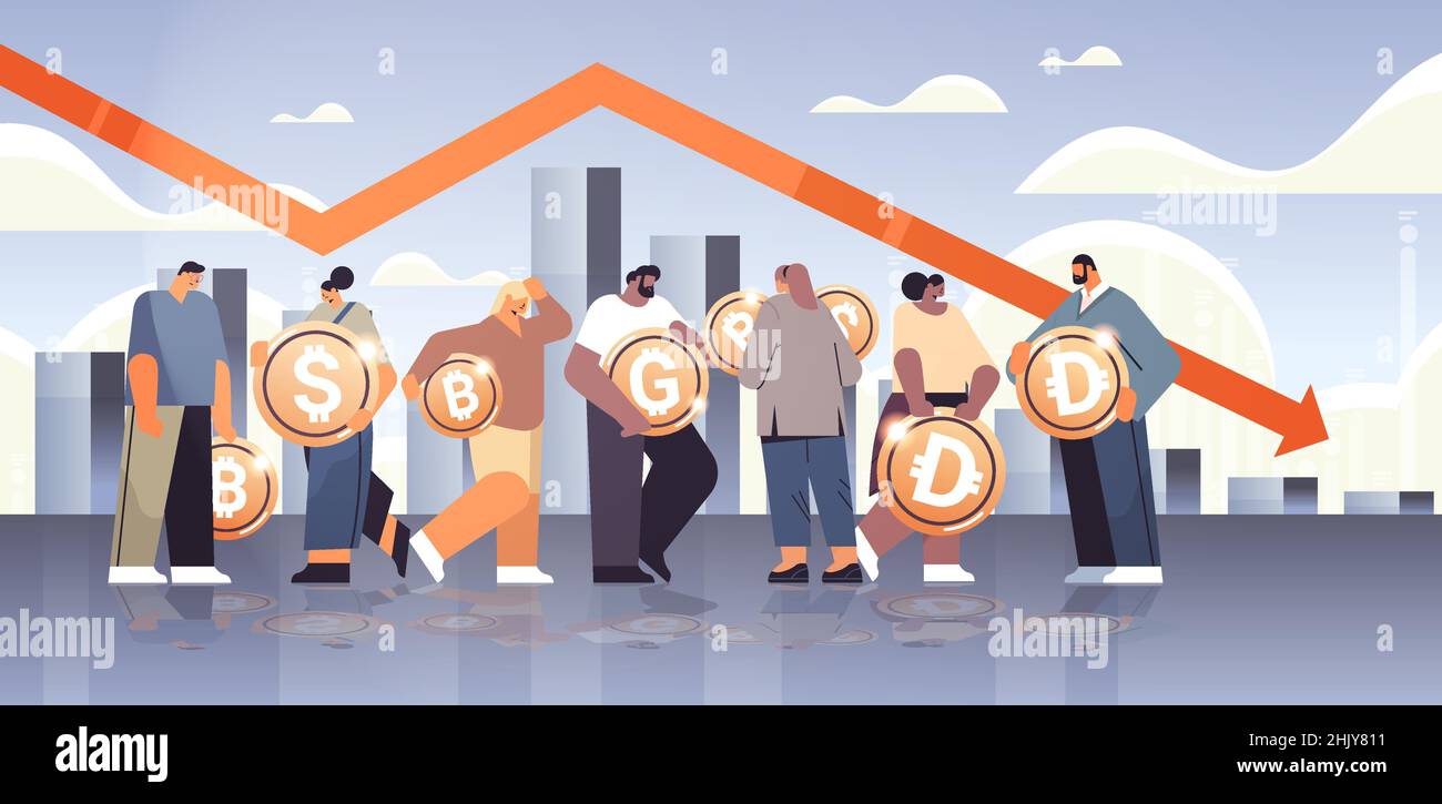 businesspeople with golden coins standing near downward red arrow recession financial crisis ...