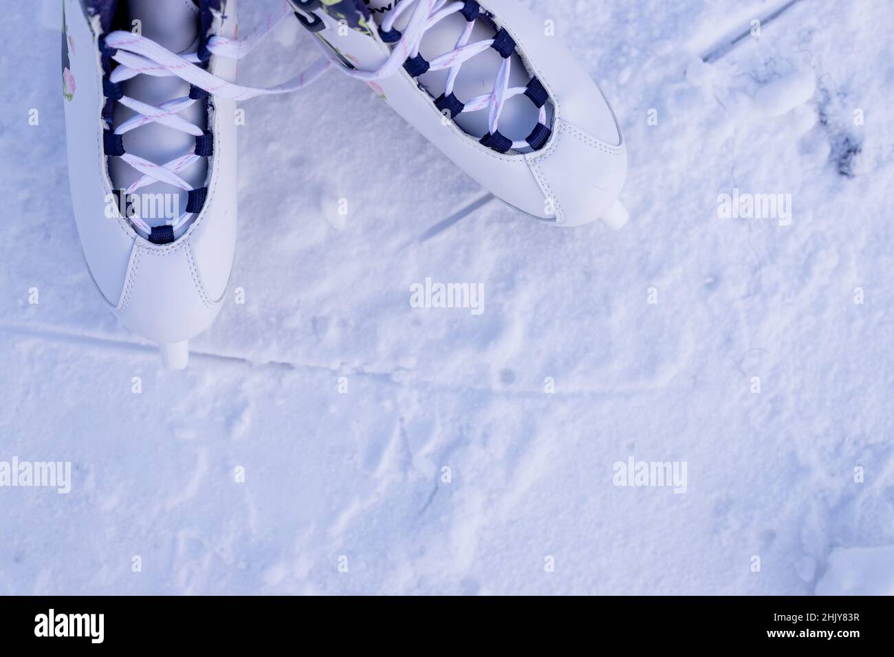 close-up of figure skates on an ice background. Ice skating outdoor ...