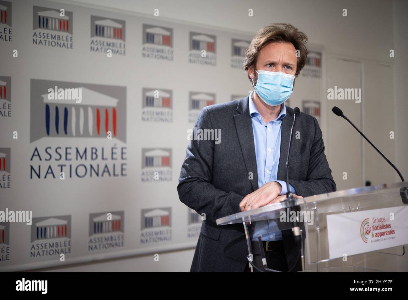 French deputy Boris Vallaud speaks during a press conference at the ...