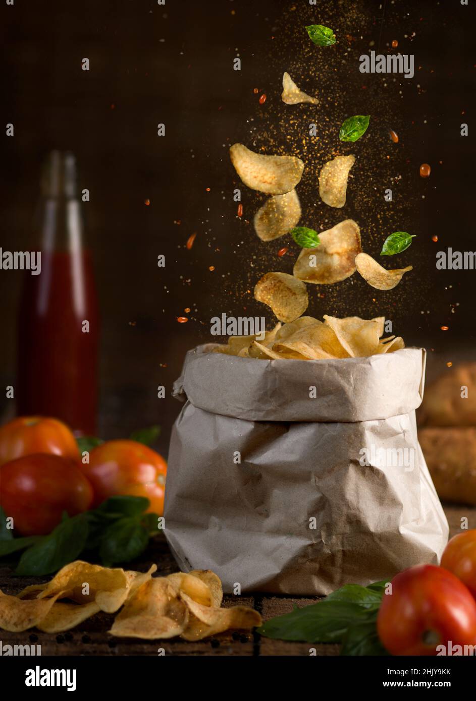 Potato CHIPS Flying in the Air Stock Photo - Alamy