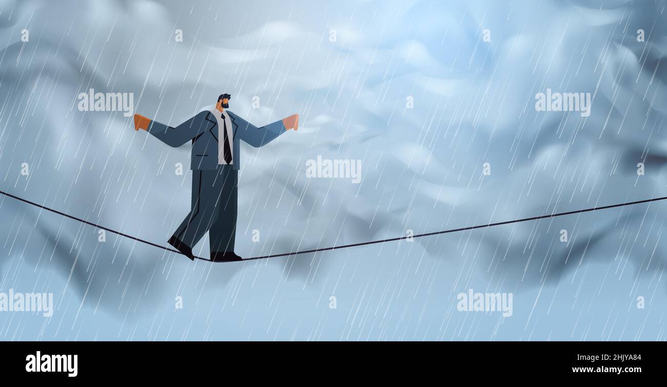 businessman walking on balancing tight rope risk challenge help in ...