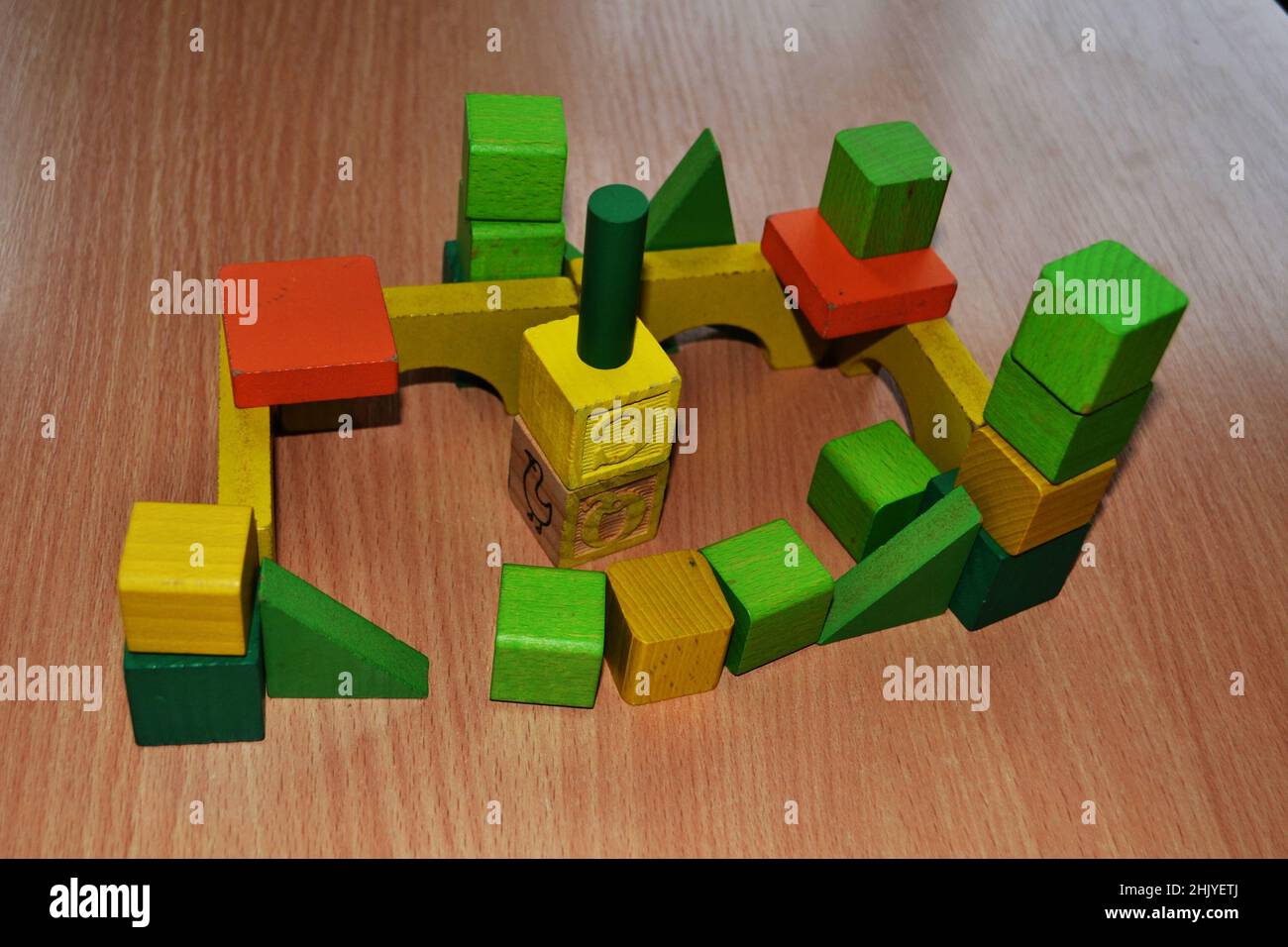 Wooden cubes with different pictures, letters, numbers for school ...