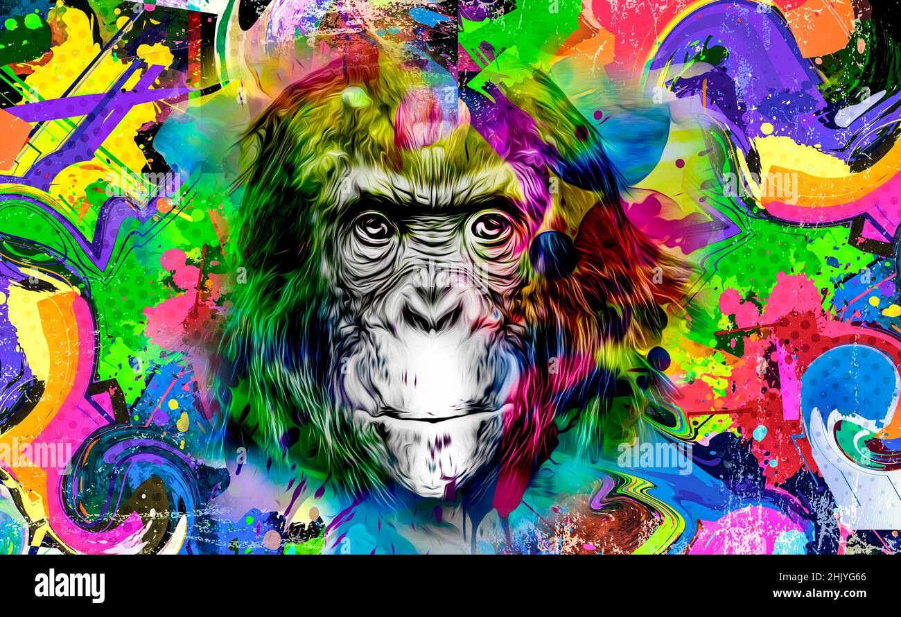 colorful artistic monkey muzzle with bright paint splatters on white ...