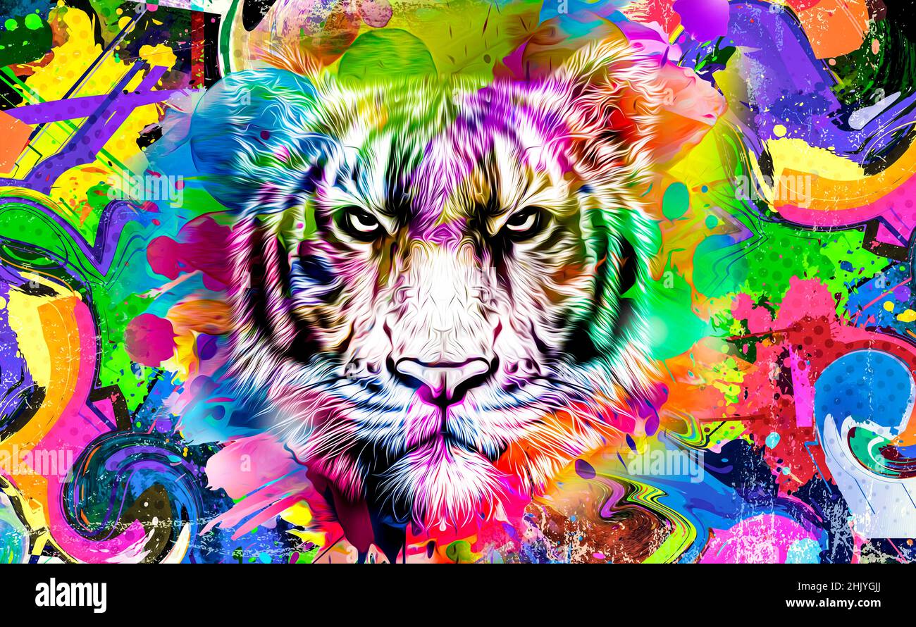 colorful artistic tiger muzzle with bright paint splatters on white ...