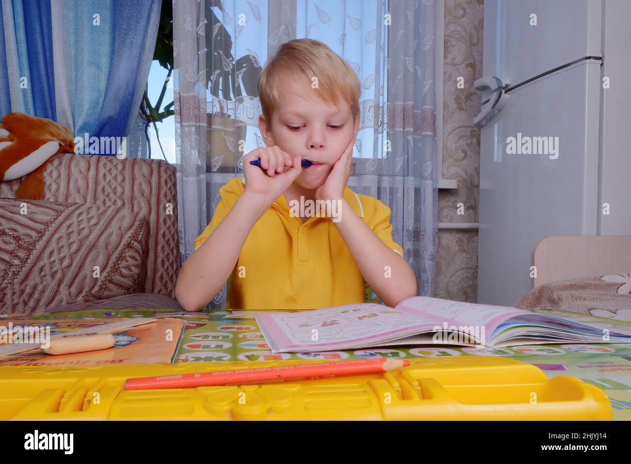 the boy does his homework at home. distance education.homework Stock ...