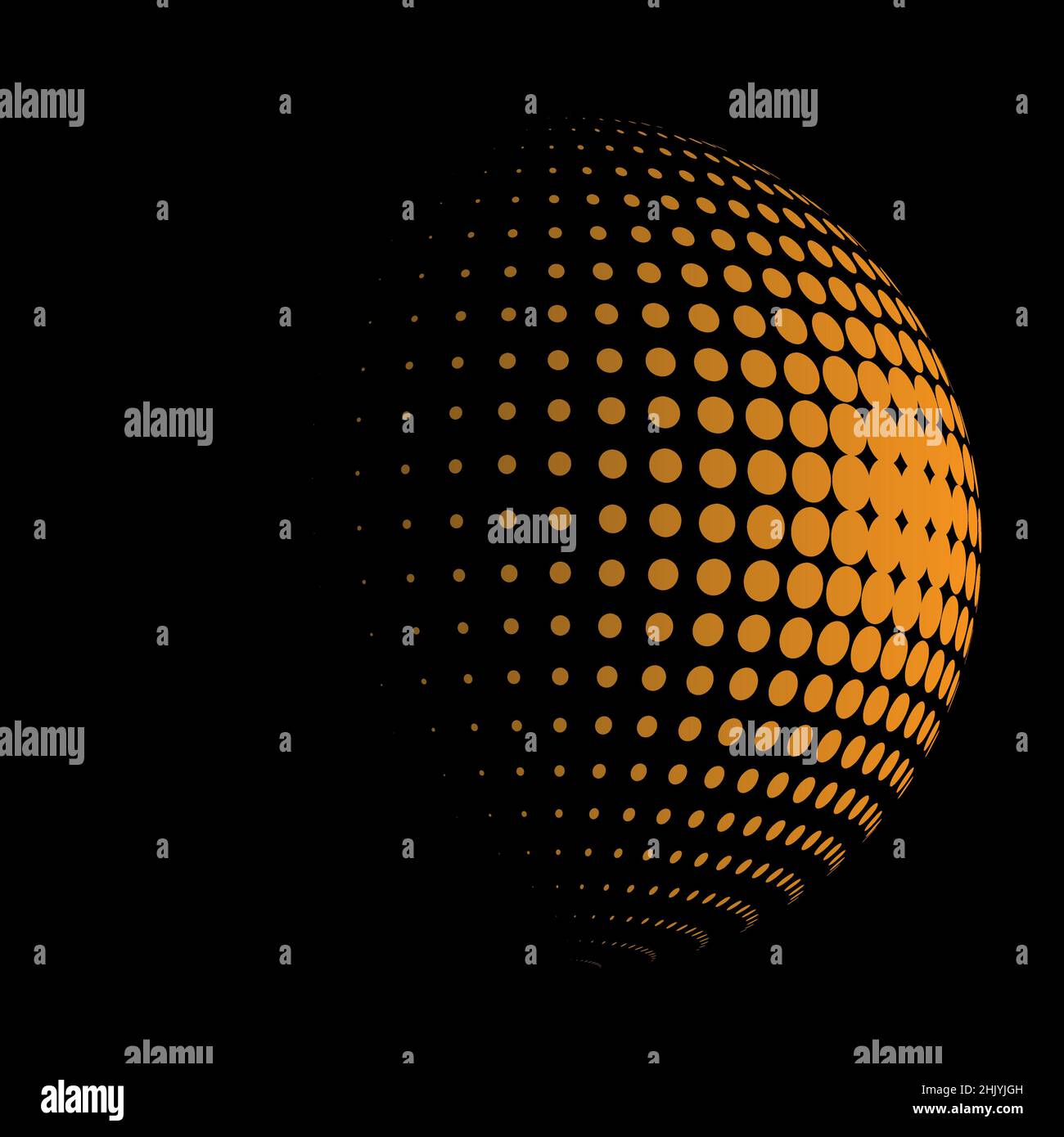 orange halftone sphere isolated on black background, vector ...