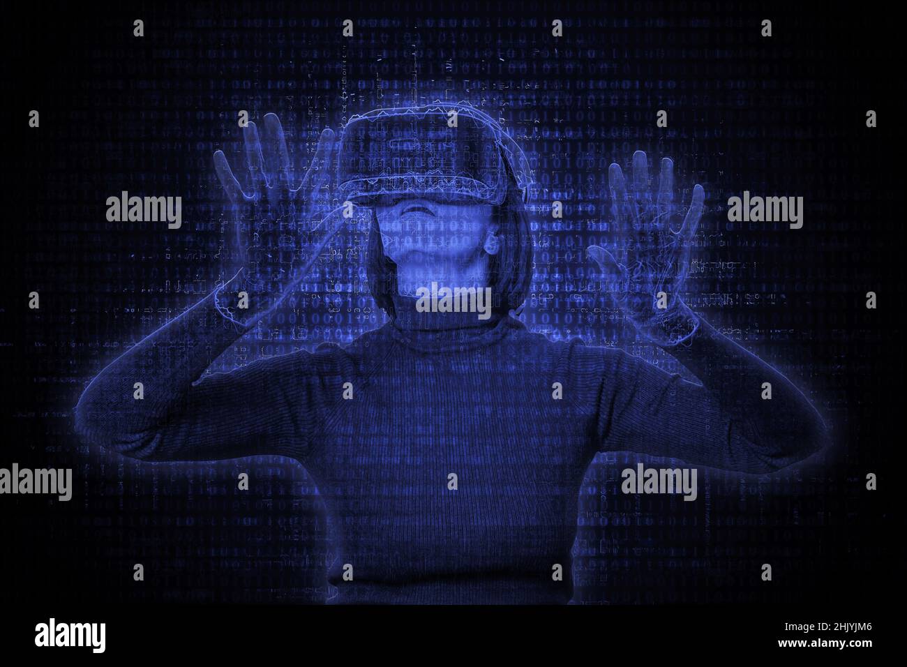 Girl using vr headset is in virtual reality cyberspace futuristic neon blue background with ...