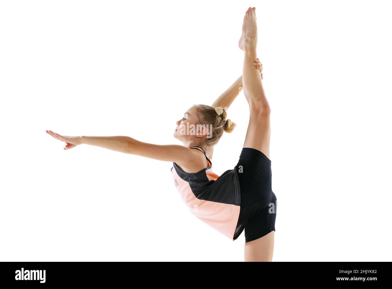 Little flexible girl, rhythmic gymnastics artist isolated on white ...