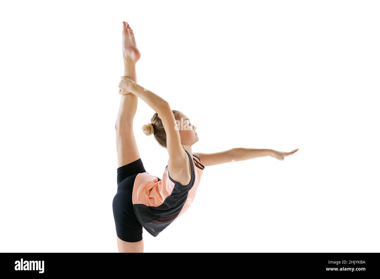 Little flexible girl, rhythmic gymnastics artist isolated on white ...
