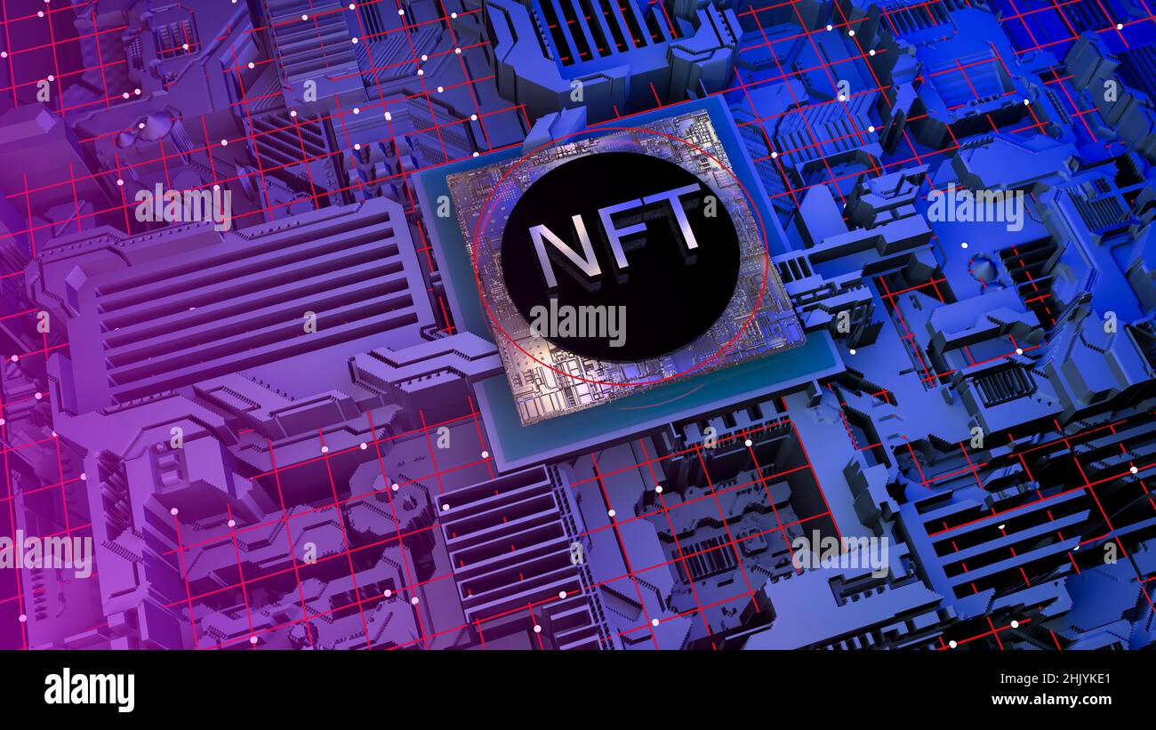 NFT 3d image. Blockchain Non Fungible Token idea. Computer chip NFT on ...