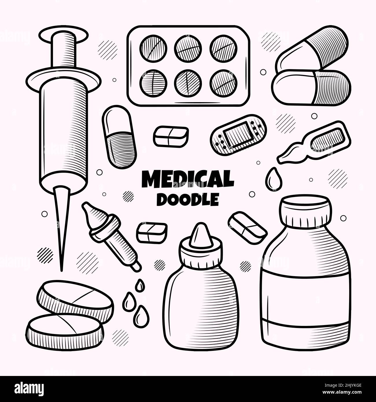 Medical Element set with hand drawn doodle outline illustration Stock ...
