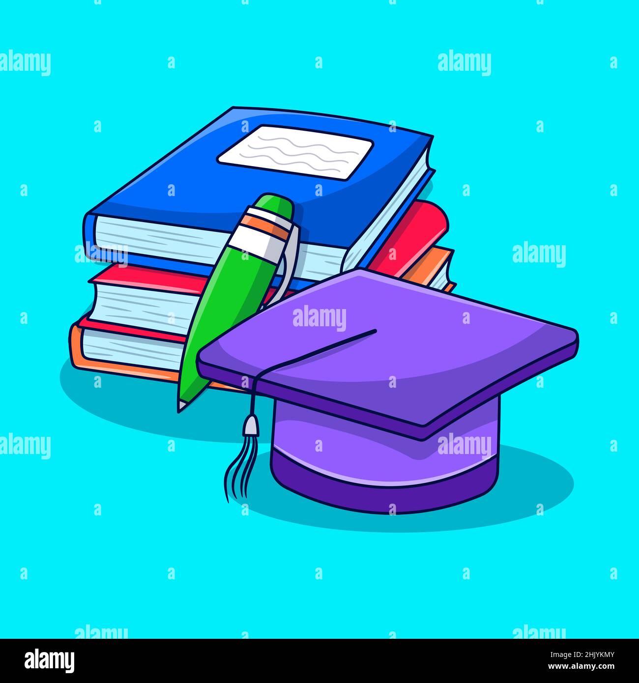 Graduation hat and stack of book with hand drawn doodle illustration ...