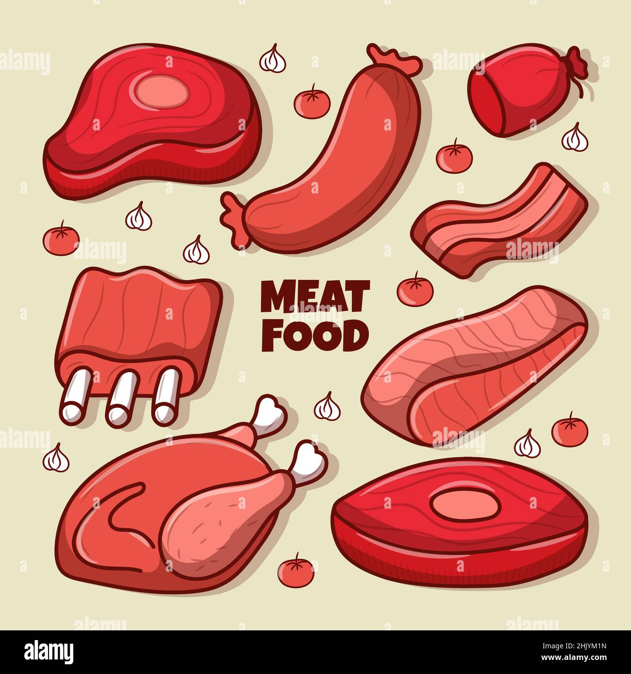Meat food element set with colored hand drawn doodle illustration Stock ...
