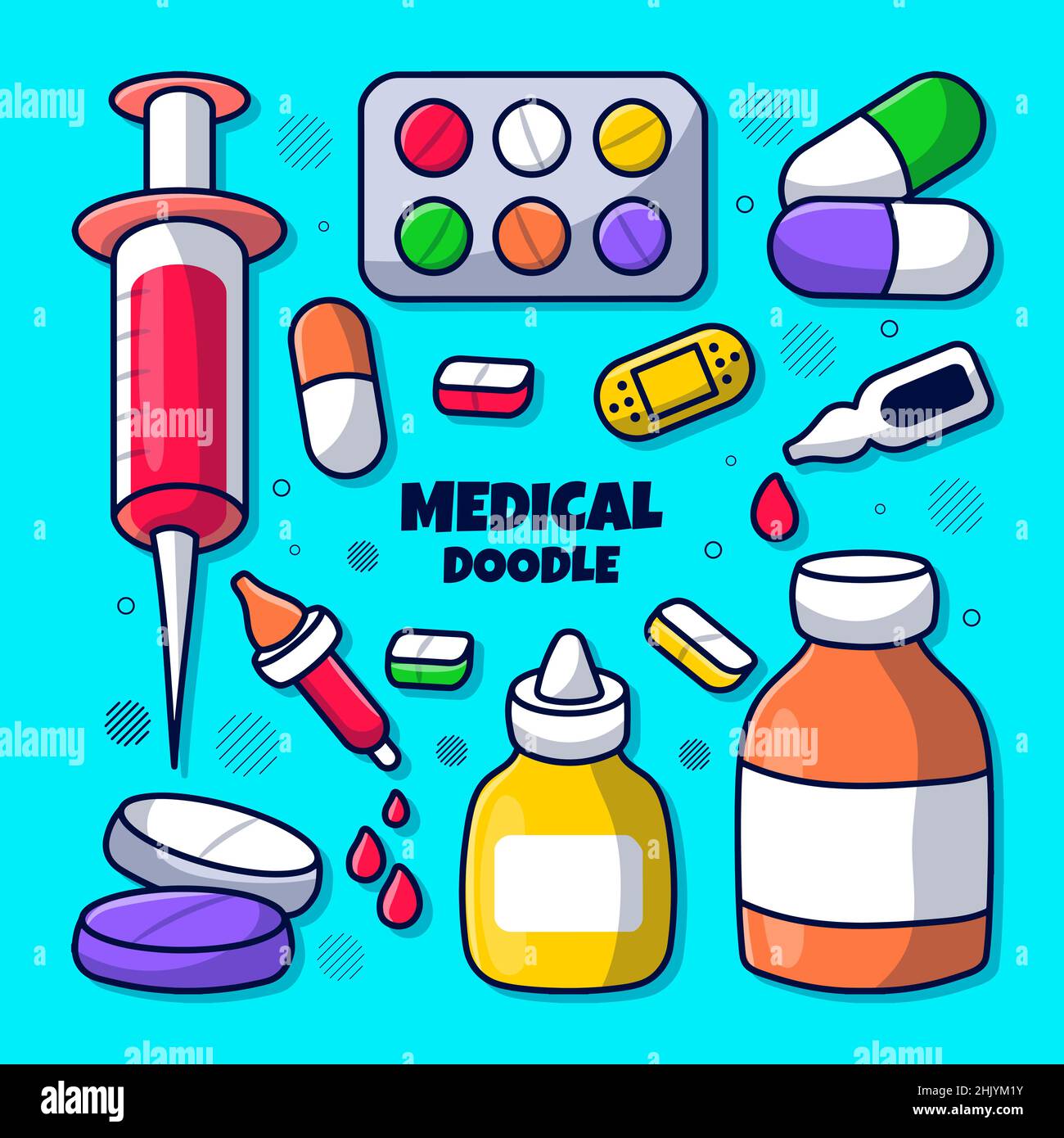 Medical Element set with colored hand drawn doodle illustration Stock ...