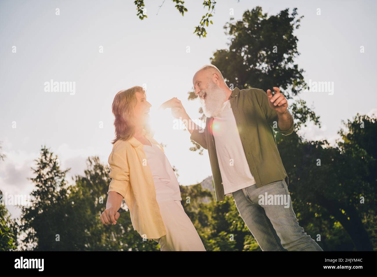 Profiile photo of funky elder grey hair couple dance wear casual shirts ...