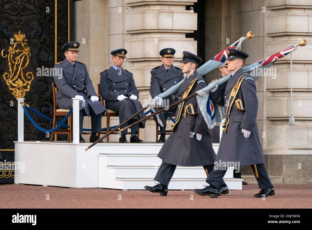 The Duke of Kent (second left) views the Changing of the Guard ceremony ...
