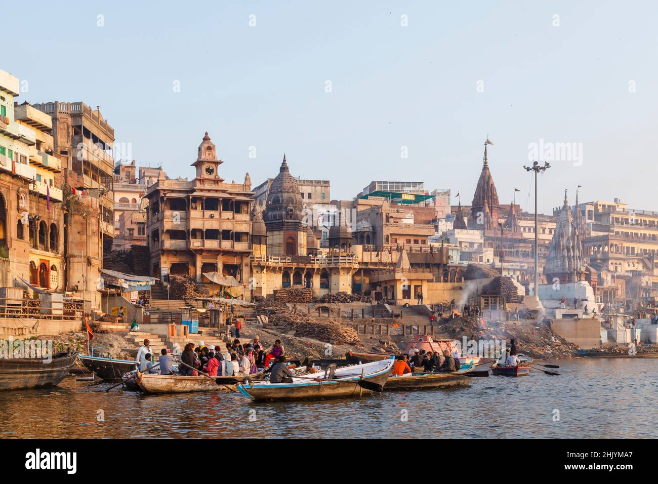 Jalasen Ghat and funeral pyres burning on Manikarnika Ghat at Varanasi ...