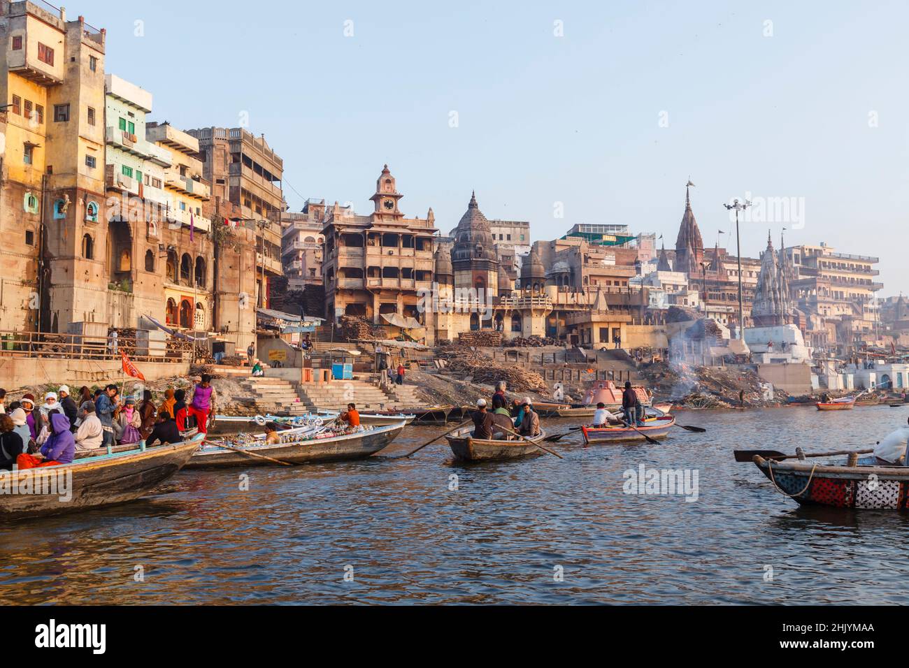 Jalasen Ghat and funeral pyres burning on Manikarnika Ghat at Varanasi ...