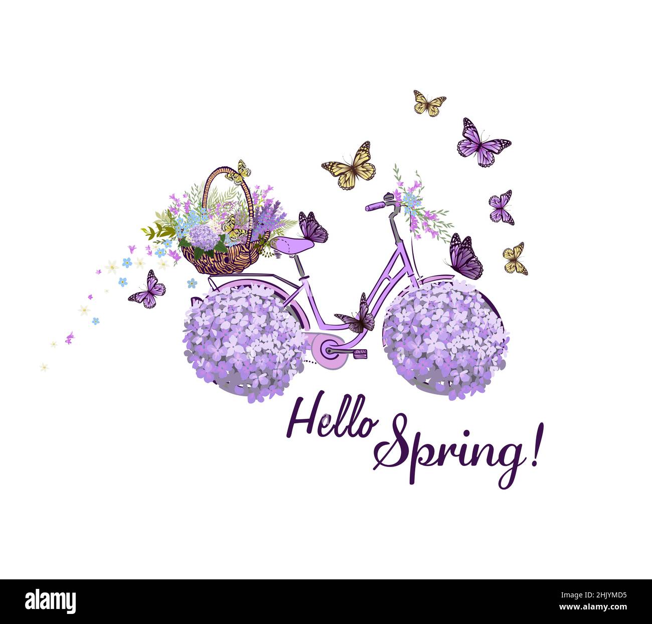 Hand drawing print design. Bicycle with flowers wheels. Hello Spring ...