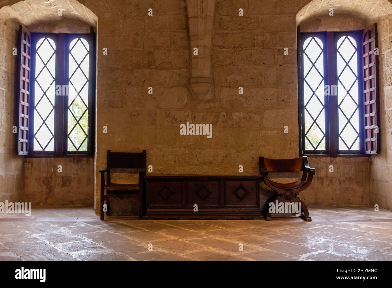 Old vintage furniture in a historical castle with big windows Stock ...