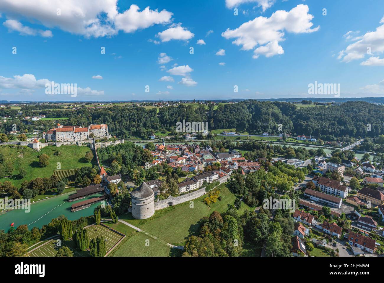 Aerial view to Burghausen and his famous castle Stock Photo - Alamy