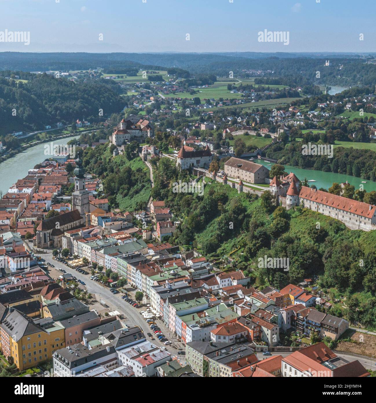 Aerial view to Burghausen and his famous castle Stock Photo - Alamy