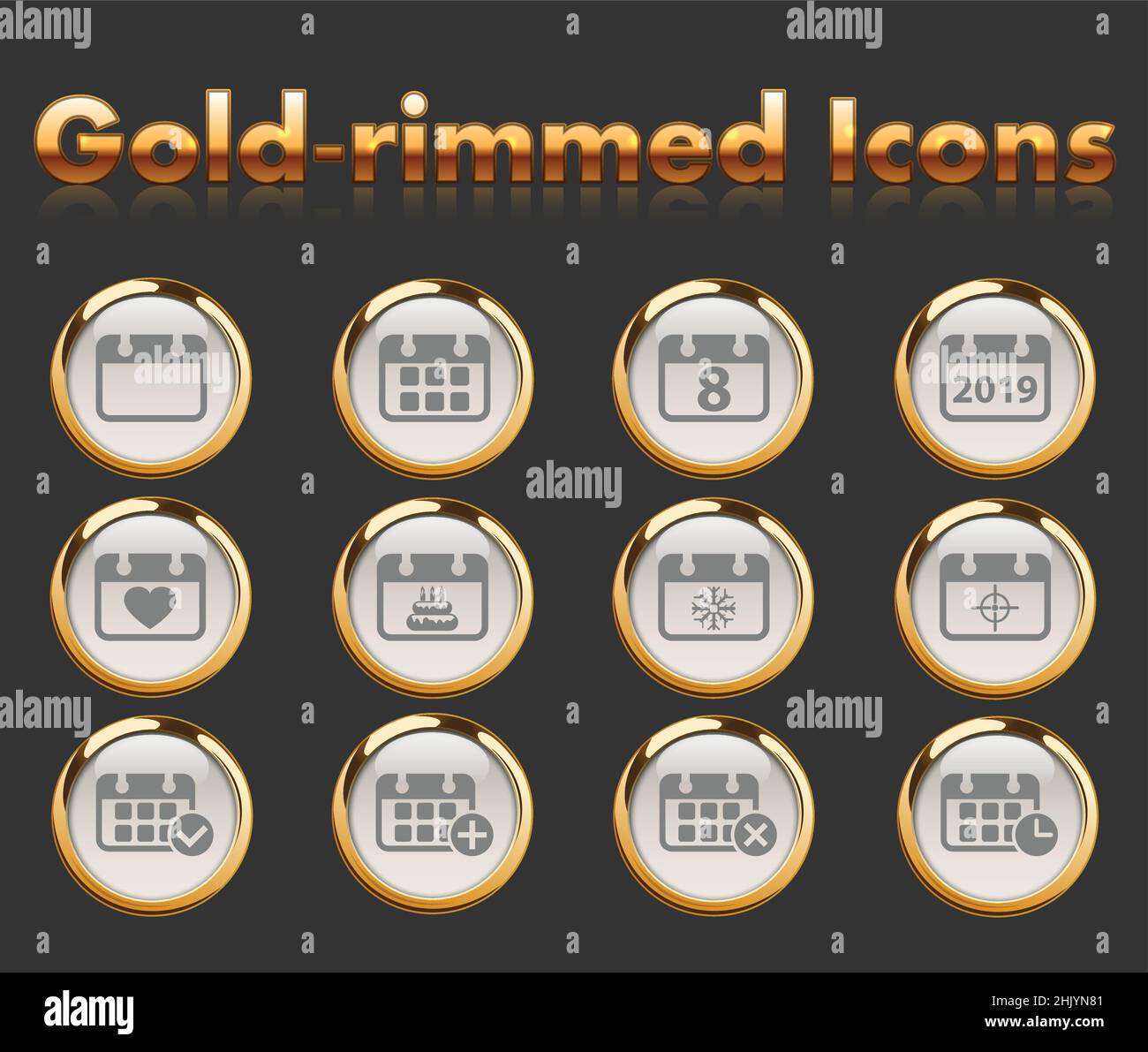calendar gold-rimmed vector icons with black background Stock Vector ...