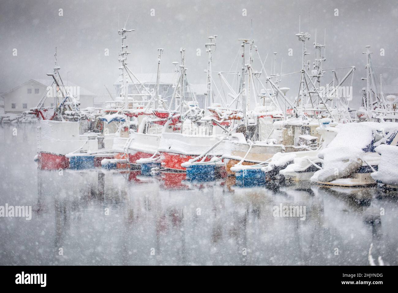 Laukvik Harbour Norway with boat in snow Stock Photo - Alamy