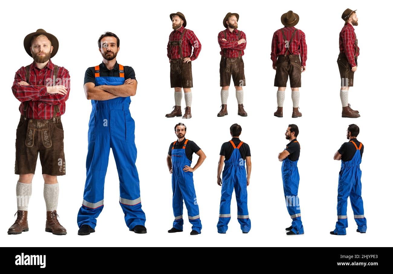 Profile, front and back view of men, auto mechanic in dungarees and ...