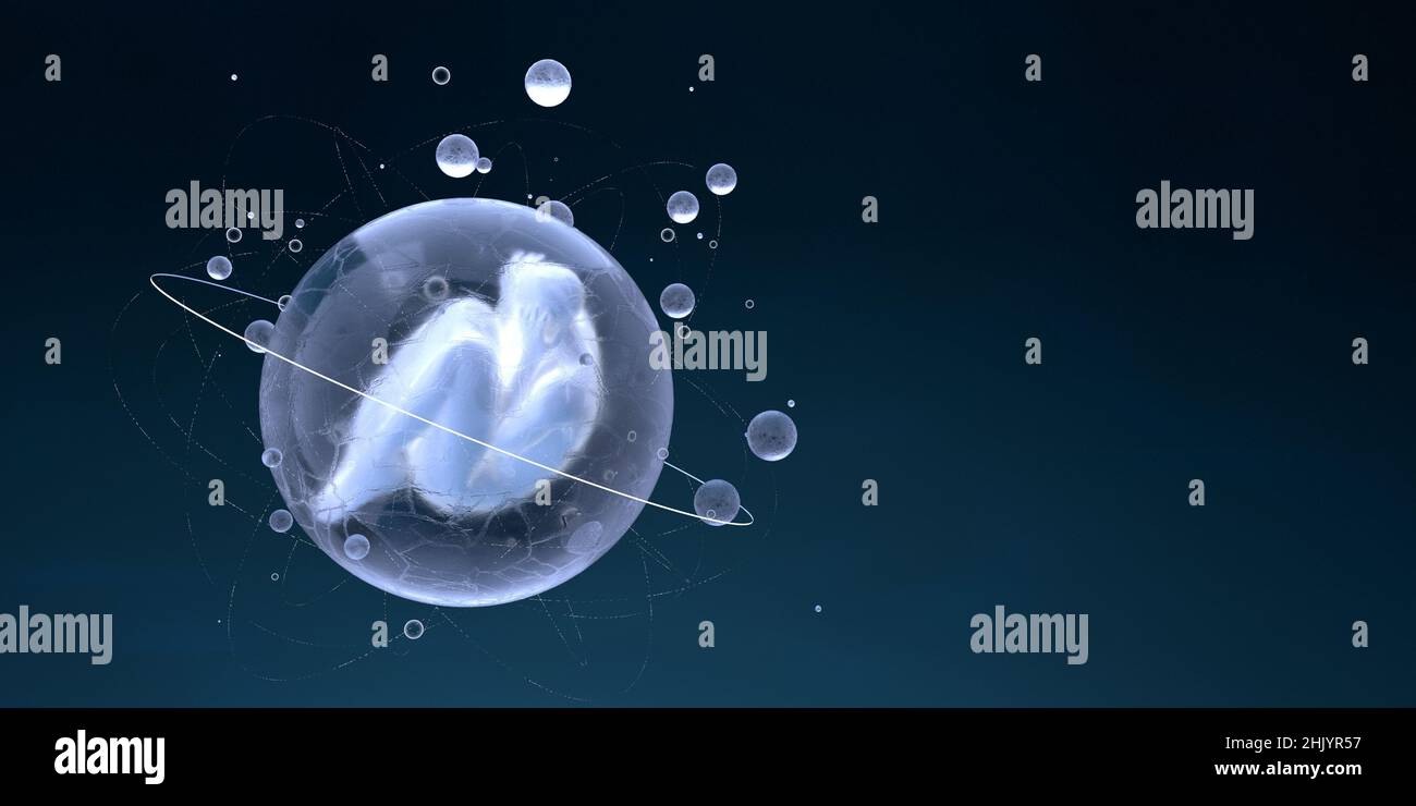 3d render of human frozen in big ice sphere with cracks and facets ...