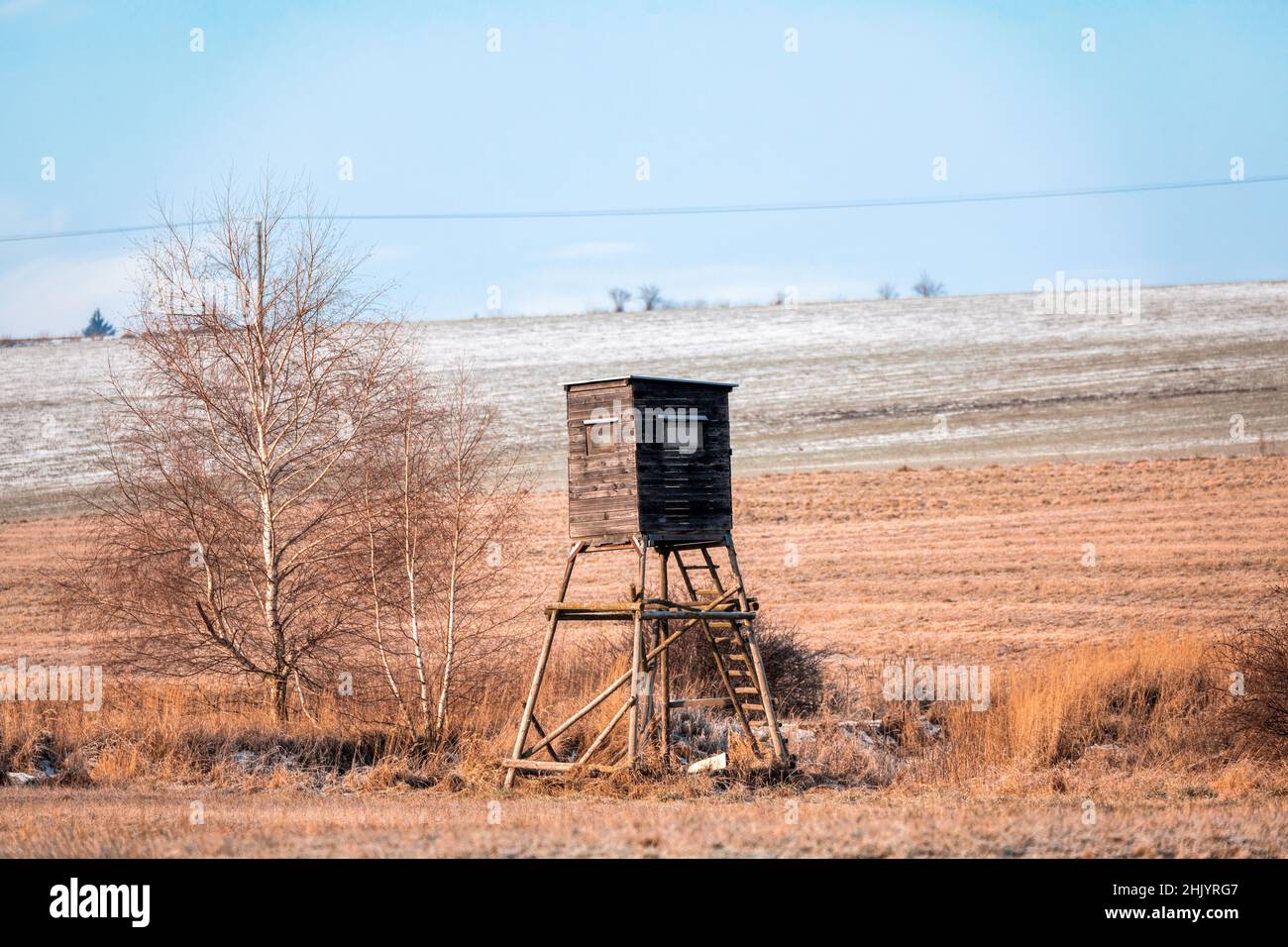 Hunting tower in countryside, winter season, Czech Republic, Europe ...