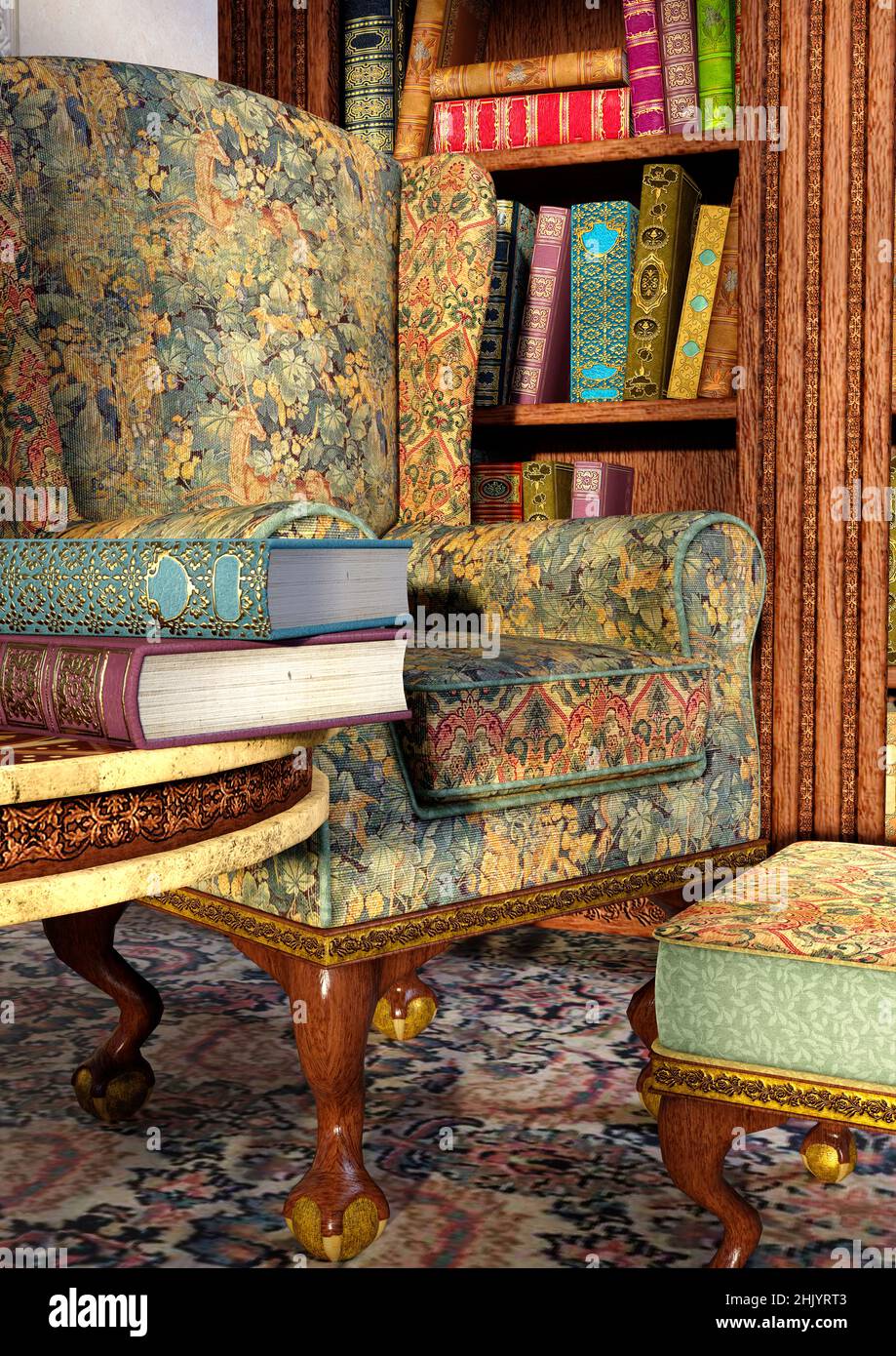 3D rendering of a vintage reading corner interior Stock Photo - Alamy