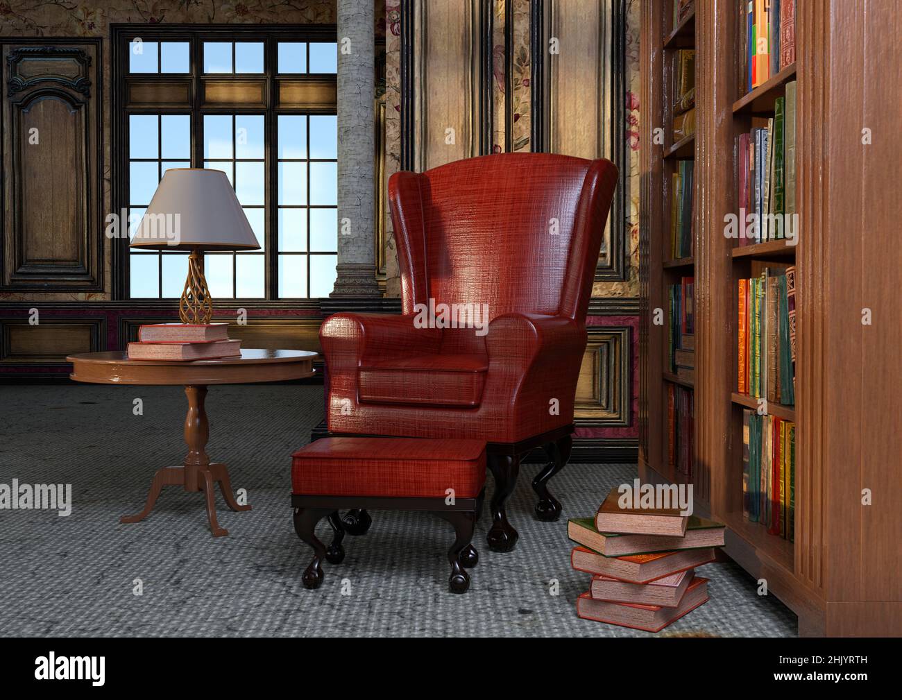 3D rendering of a vintage reading corner interior Stock Photo - Alamy