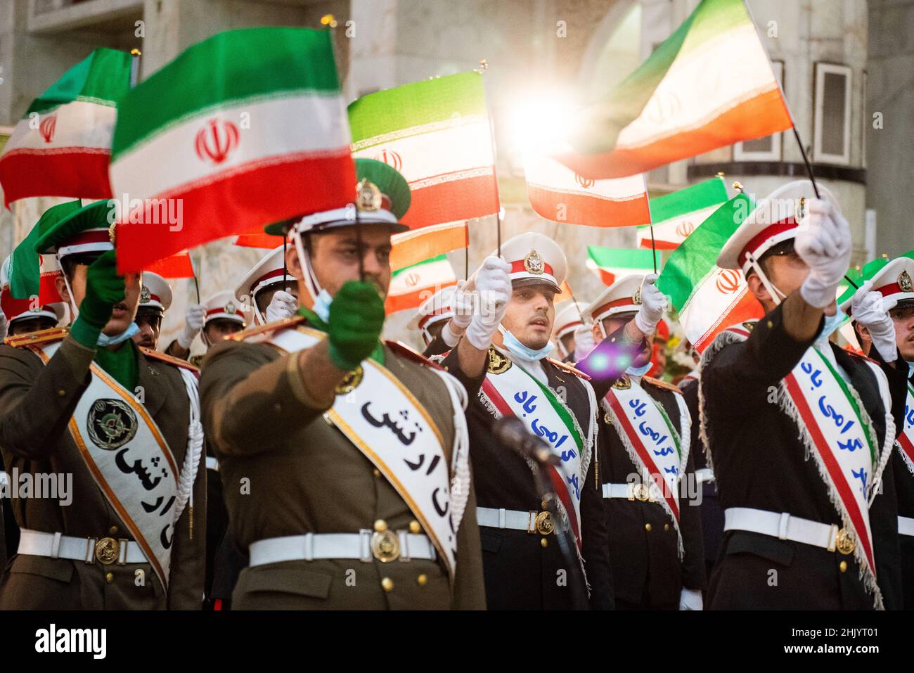 Tehran, Iran. 01st Feb, 2022. Iranian army soldiers sing national ...