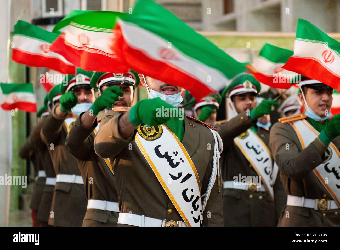 Tehran, Iran. 01st Feb, 2022. Iranian army soldiers sing national ...