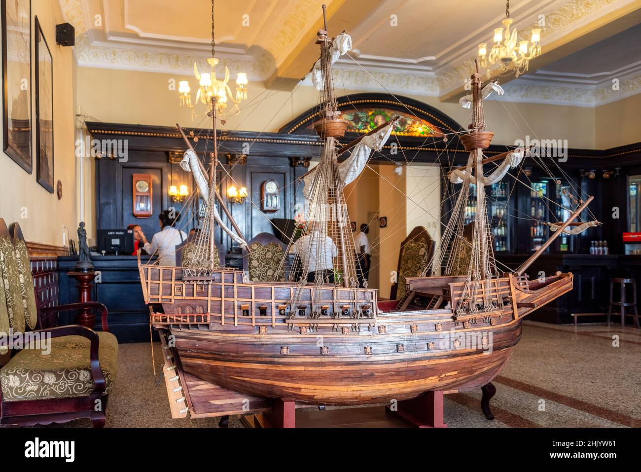 Replica of a caravel ship in the lobby or reception in the 'Hotel Colon ...