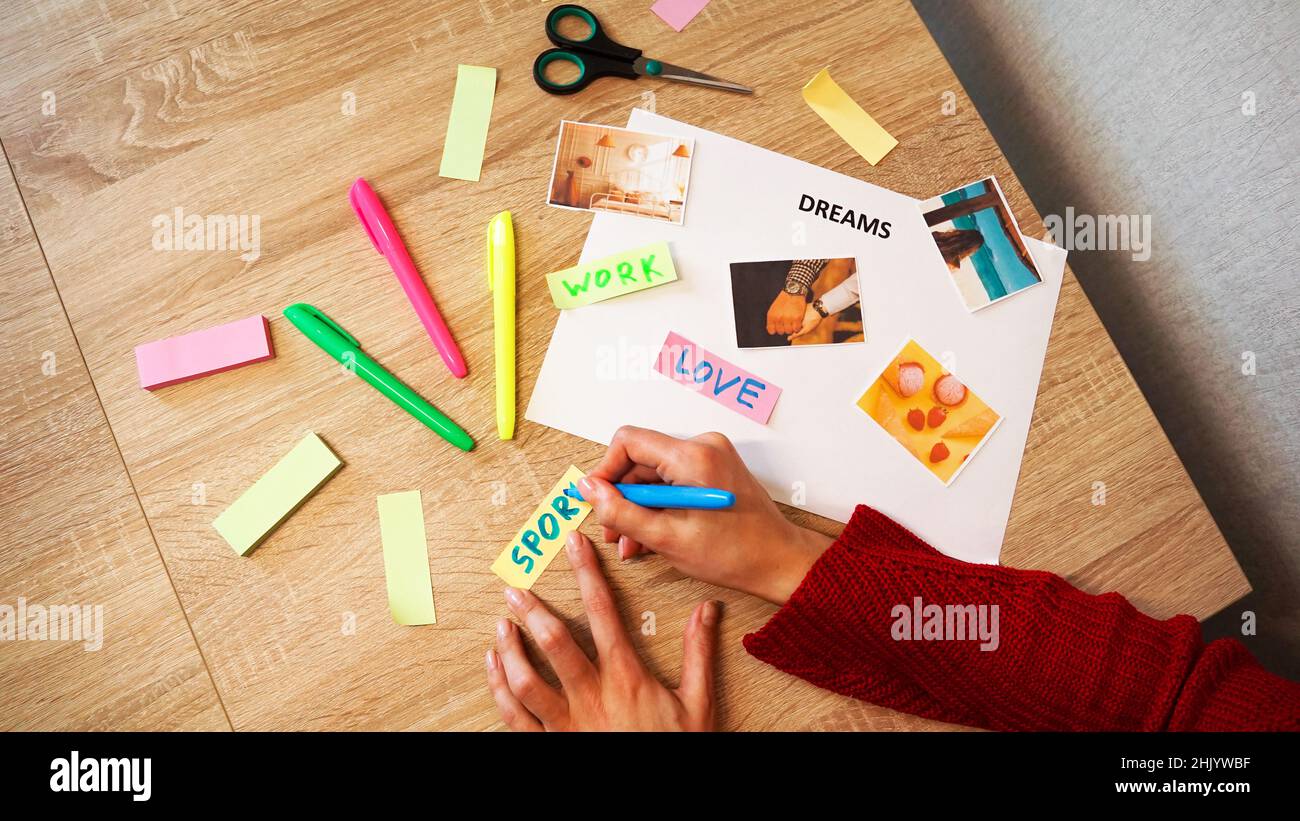 Woman creating Feng Shui wish map using inscriptions and overhead ...