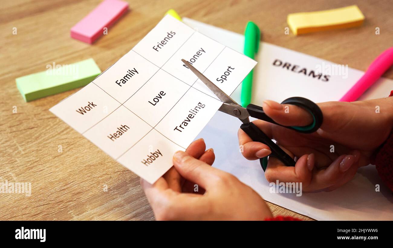 Young woman creating her Feng Shui wish map using inscriptions. Dreams ...