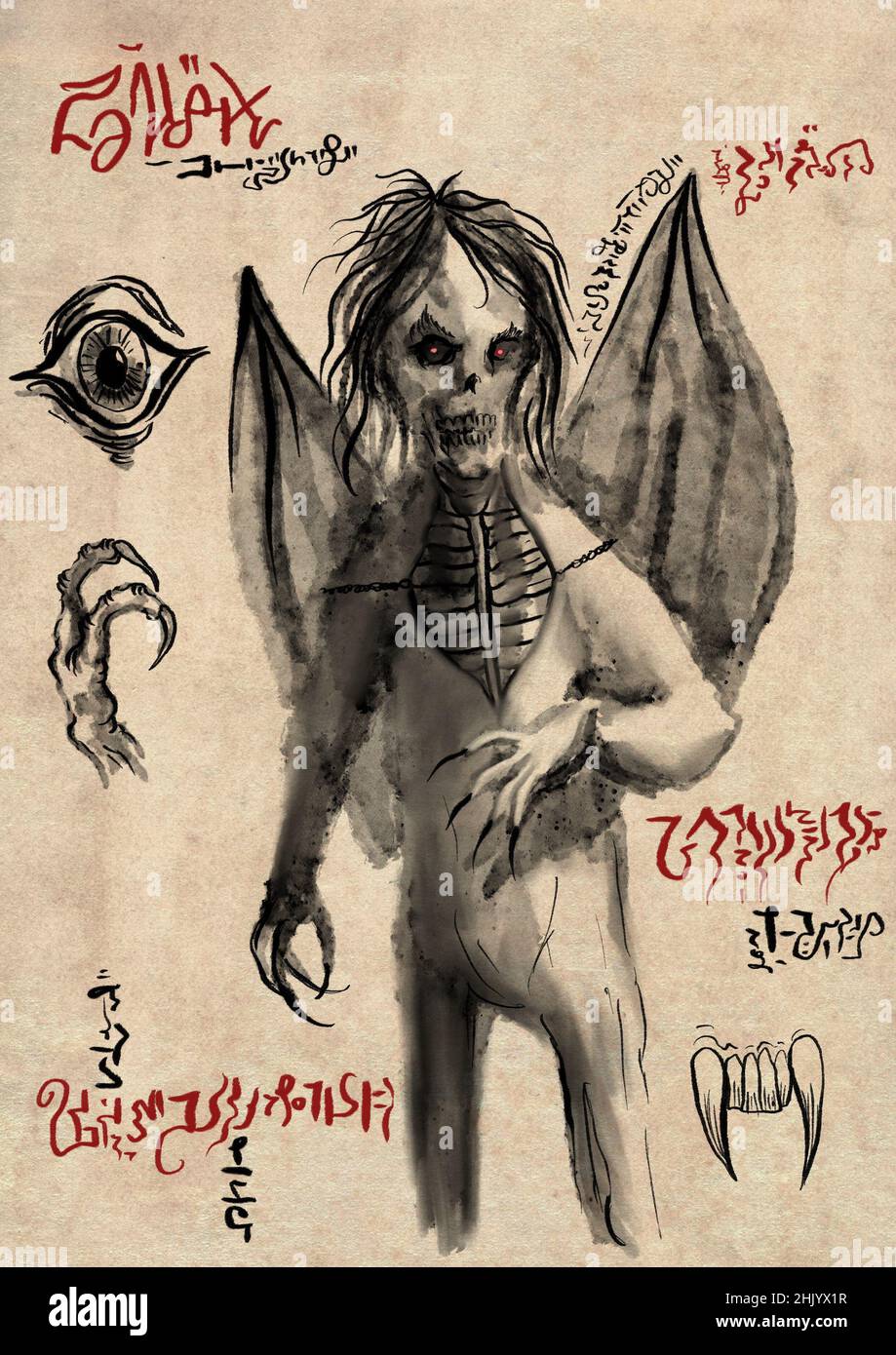 Necronomicon magic page with monsters and demons Stock Photo - Alamy
