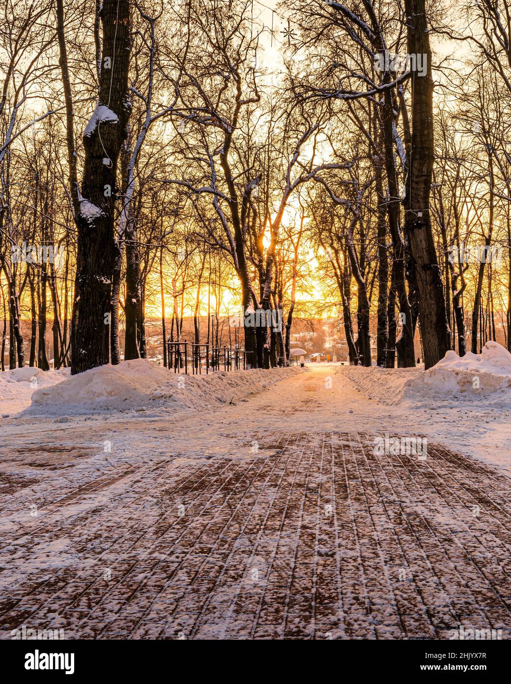 Sunset or dawn in a winter city park with benches and sidewalks covered ...