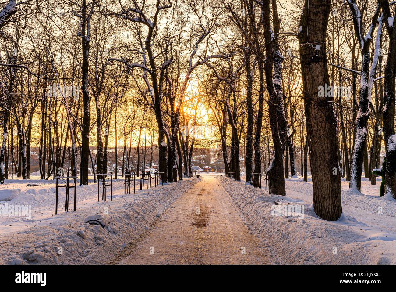Sunset or dawn in a winter city park with benches and sidewalks covered ...