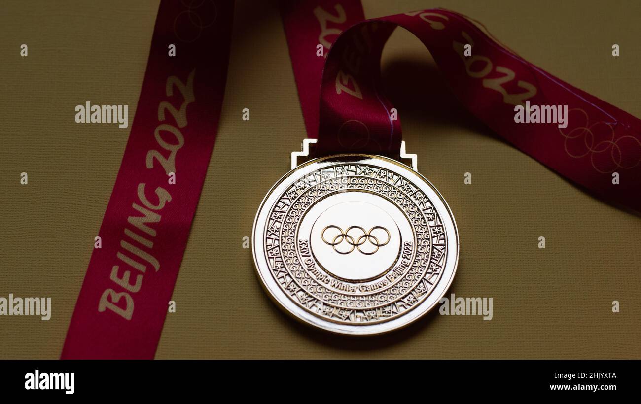 January 14, 2022, Beijing, China. Gold medal of the XXIV Olympic Winter ...