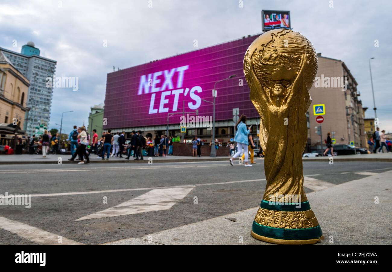 4 September 2019, Moscow, Russia. Copy of world cup trophy on ...