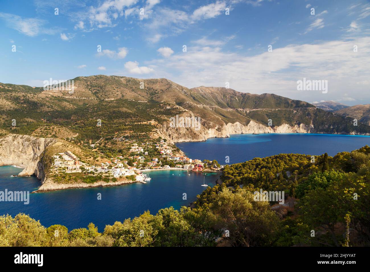 Fantastic top view at Asos village, Assos peninsula and blue Ionian Sea ...