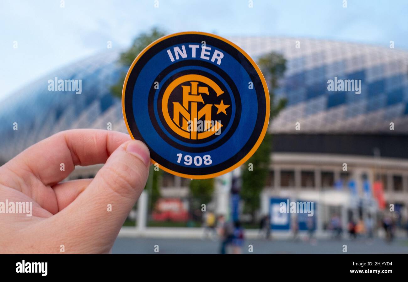 12 September 2021, Milan, Italy. The emblem of the football Inter Milan ...
